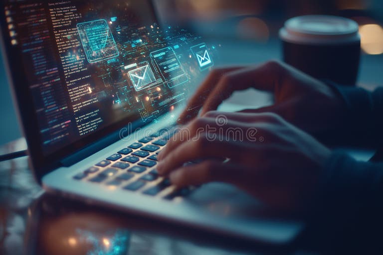Hands Typing on a Laptop Keyboard while Composing Messages in a Modern ...