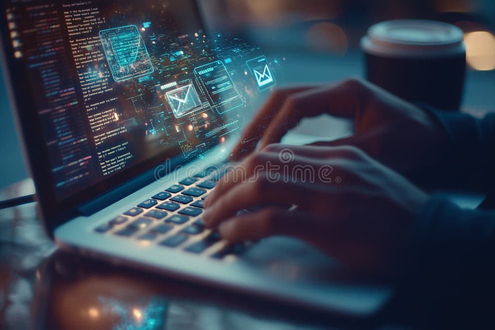 Hands Typing on a Laptop Keyboard while Composing Messages in a Modern ...