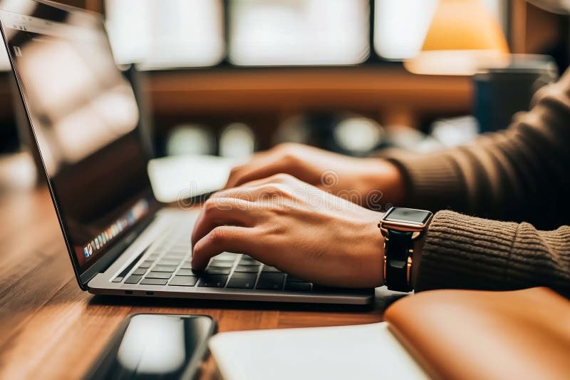 Hands Typing on a Laptop Keyboard in a Cozy Workspace Stock ...