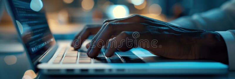 Hands Typing on Laptop Keyboard in Dark Office Stock Image - Image of ...
