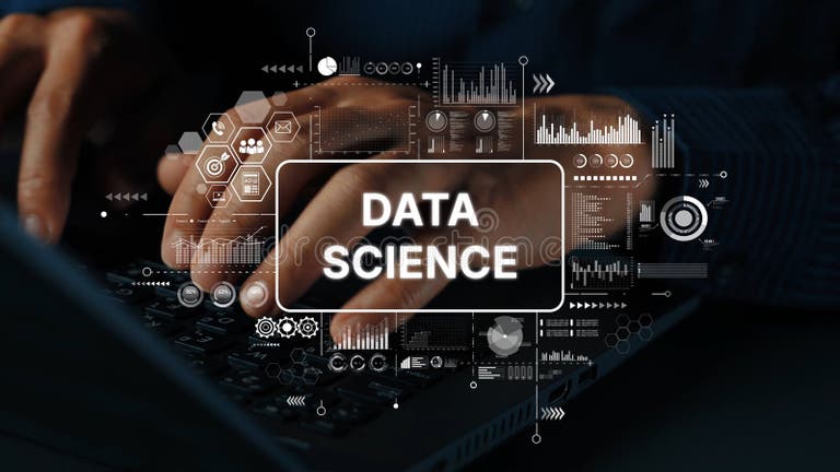 Hands Typing on Laptop Keyboard with Data Science Graphics and ...