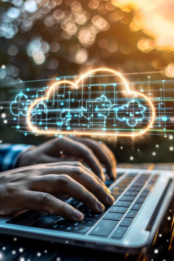 Hands Typing on Laptop Keyboard with Digital Cloud Icon and Futuristic Technological Background ...