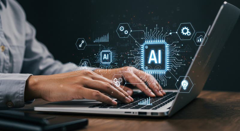 Hands Typing on a Laptop Keyboard with Digital Graphics Overlaying the ...