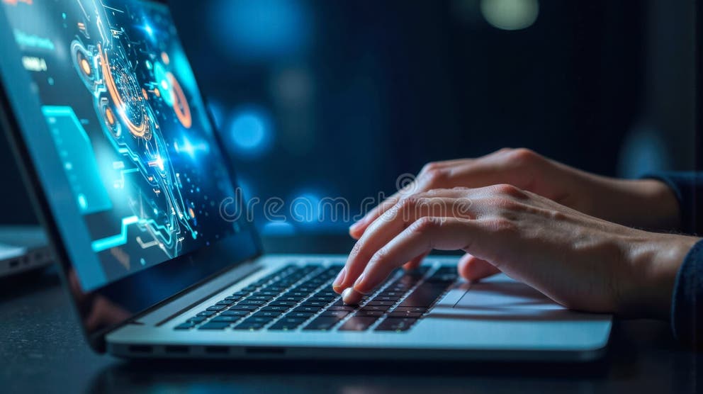 Hands Typing on Laptop Keyboard with Digital Hud Interface Artificial ...