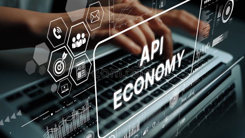 Hands Typing on Laptop Keyboard with Digital Icons Representing API Economy and Data Analysis ...