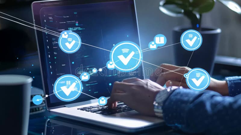 Hands Typing on a Laptop Keyboard with Digital Icons Representing Data Security, Cloud Storage ...