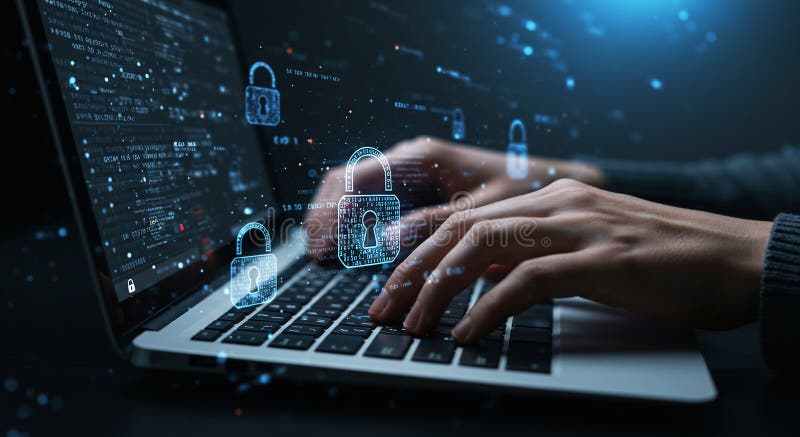 Hands Typing on a Laptop Keyboard with Digital Locks Superimposed, Symbolizing Stock ...