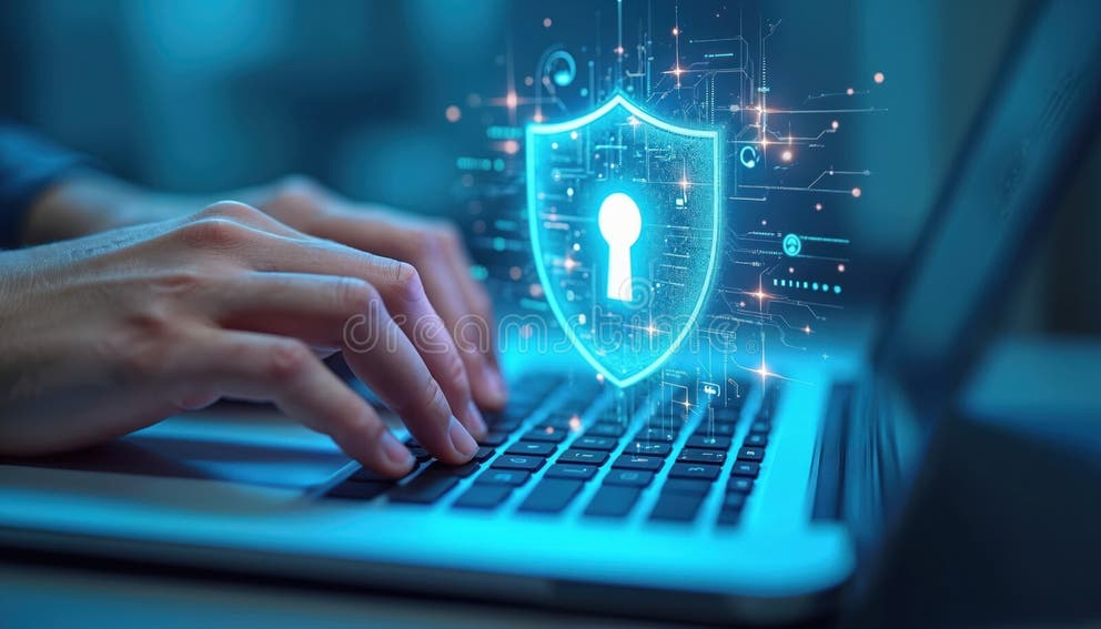 Hands Typing on Laptop Keyboard with Digital Shield Cybersecurity ...