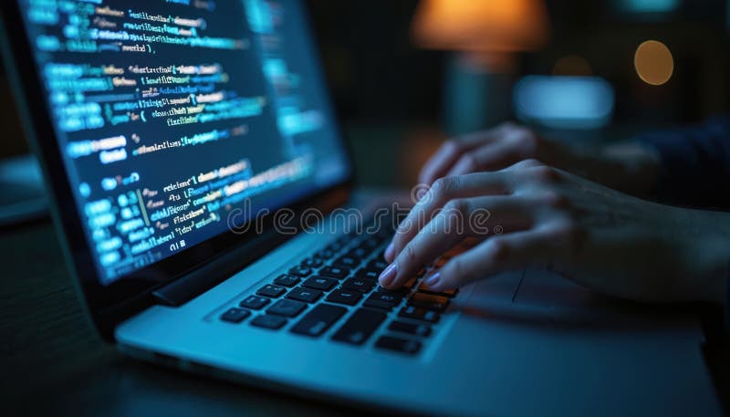 Hands Typing on Laptop Keyboard Displaying Computer Code, Programmer, Hacker. Cyber Security ...