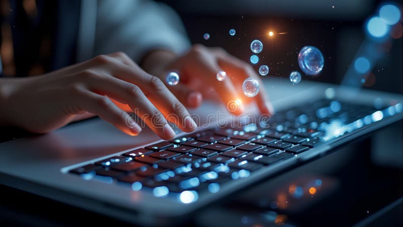 Hands Typing on Laptop Keyboard with Floating Bubbles and Light Effects ...