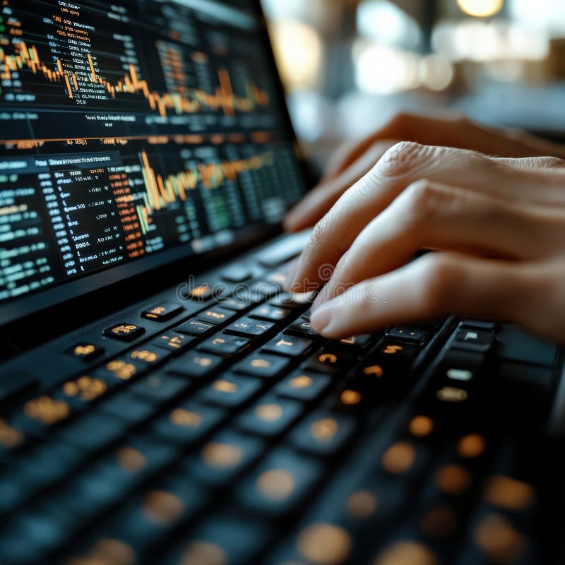 Close-up of Hands Typing on a Keyboard with Financial Graphs on the ...