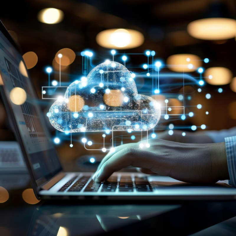 Hands Typing on Laptop Keyboard with Glowing Cloud Computing Icon, Data ...