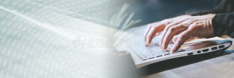 Hands Typing on Laptop Keyboard; Panoramic Banner Stock Photo - Image ...