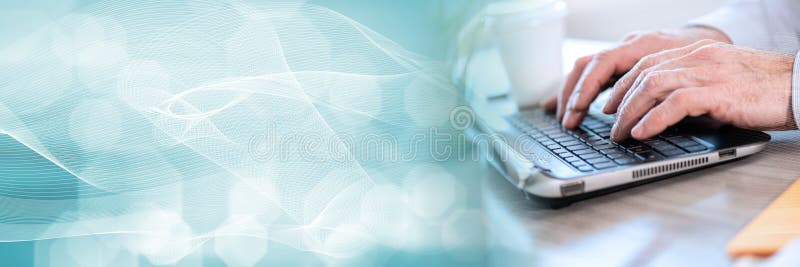 Hands Typing on Laptop Keyboard; Panoramic Banner Stock Photo - Image ...