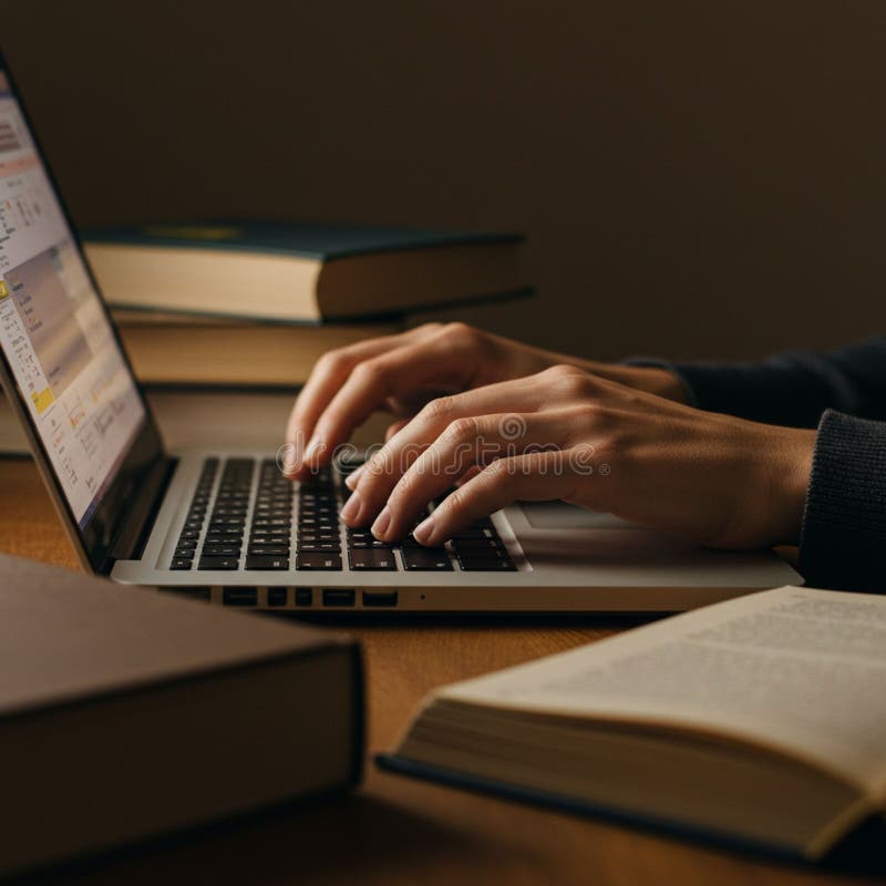 Hands Typing on a Laptop Keyboard, Positioned on a Wooden Desk. the ...