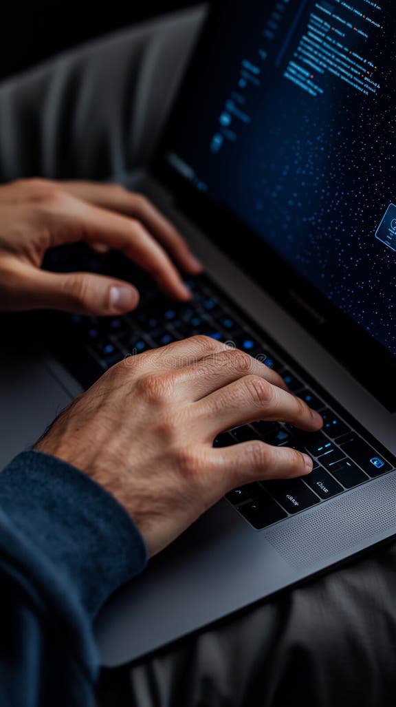 Hands Typing on a Laptop Keyboard with Programming Code Visible on the ...