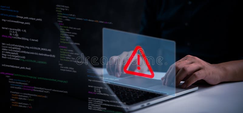 Hands Typing on a Laptop Keyboard with a Red Warning Symbol Displayed ...
