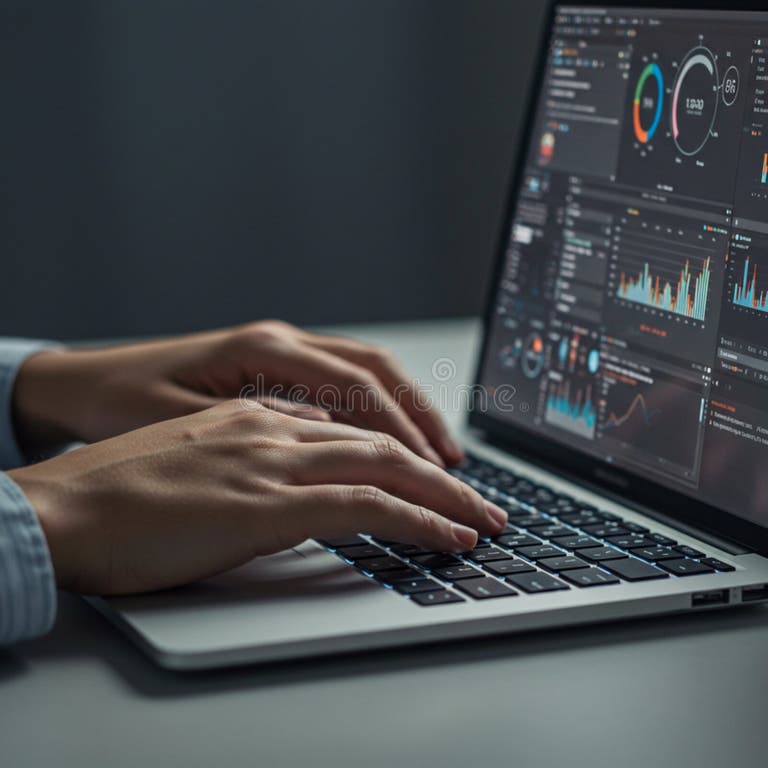 Hands are Typing on a Laptop Keyboard. the Screen Displays Various Data ...