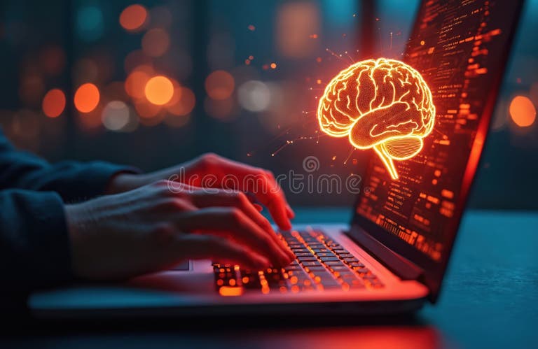 Hands Typing on Laptop Keyboard Showing Glowing Brain, Representing AI ...