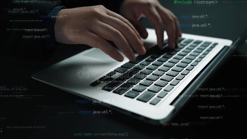 Hands Typing on Laptop Keyboard Surrounded by Colorful Code Snippets and Programming Language ...