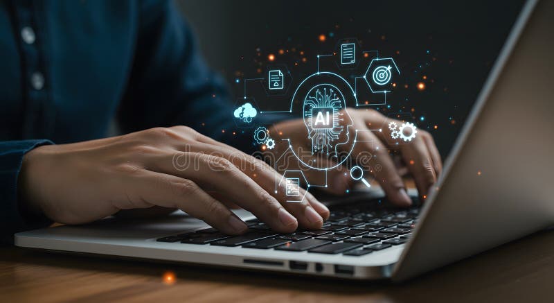AI-Enhanced Productivity: Hands Typing on Laptop with Holographic ...