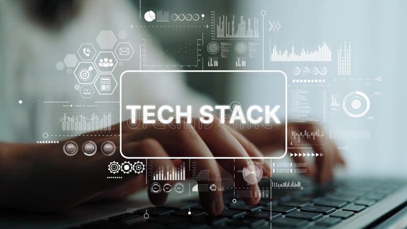 Hands Typing on Laptop Keyboard with Tech Stack Visuals and Data Graphics in Modern Workspace ...