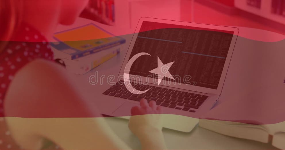 Hands Typing on Laptop Keyboard with Turkish Flag Image Over Screen ...