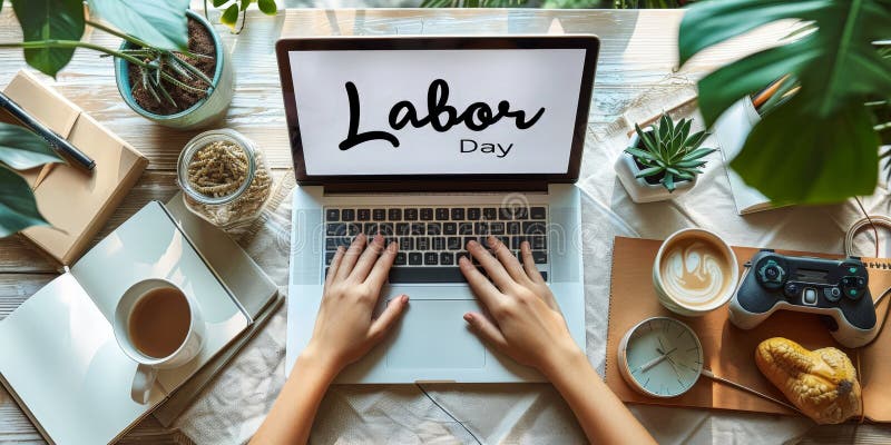 Hands Typing on a Laptop with "Labor Day" Text on the Screen ...