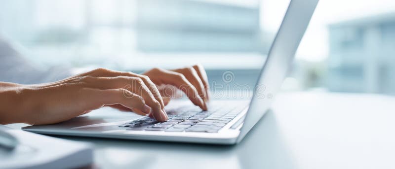 The Hands Typing on a Laptop in a Modern Office Setting. AI Generated ...
