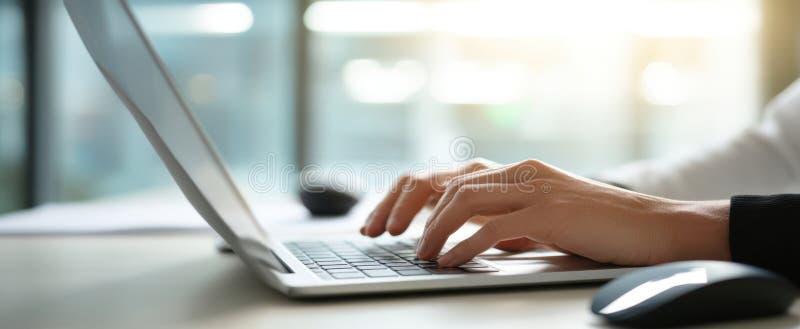 The Hands Typing on a Laptop in a Modern Workspace Setting..AI Generated Image Stock Image ...