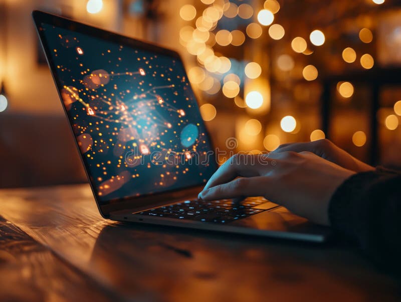 Hands Typing on Laptop with Abstract Network Overlay Stock Photo ...