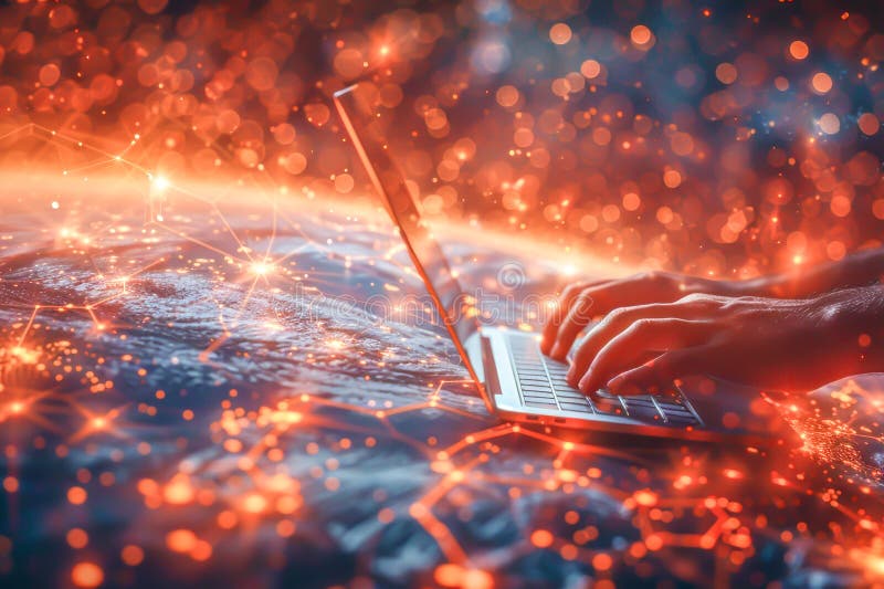 Hands Typing on Laptop Over Glowing Digital Network with Global ...