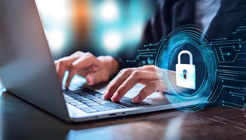 Hands Typing on a Laptop, Overlaid with Security Lock Icons Stock ...