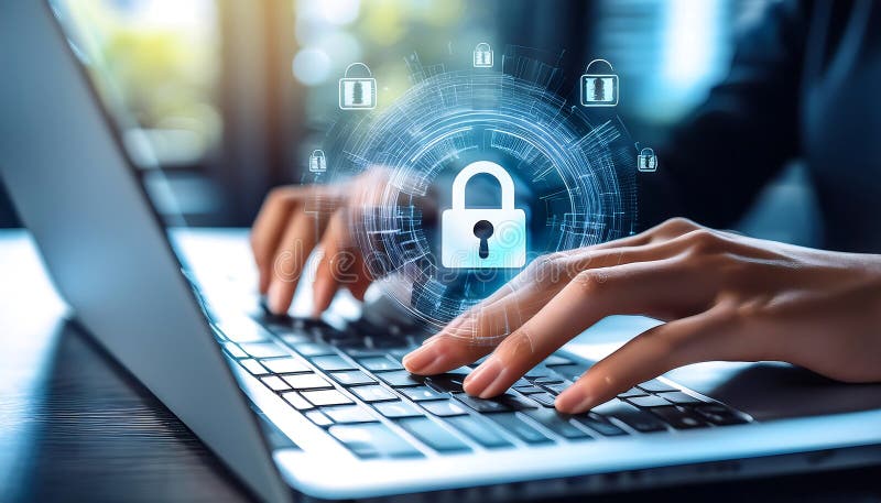 Hands Typing on a Laptop, Overlaid with Security Lock Icons Stock ...
