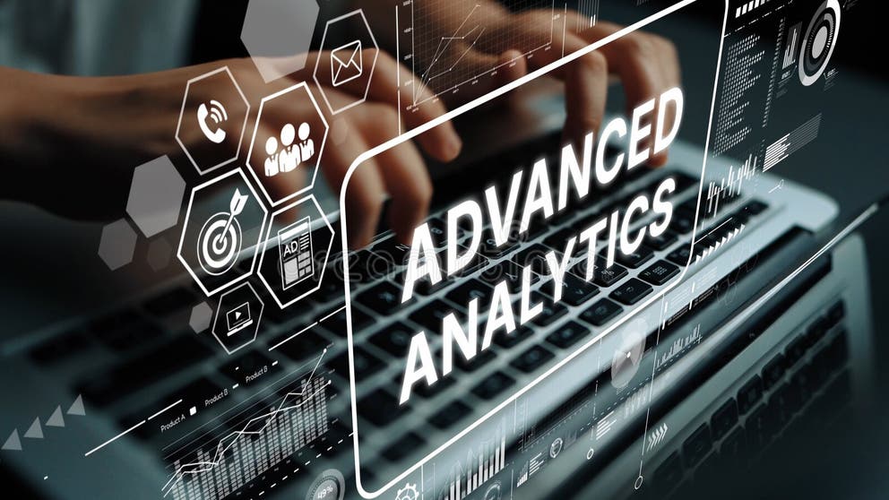 Hands Typing on Laptop with Overlay of Advanced Analytics Graphics ...