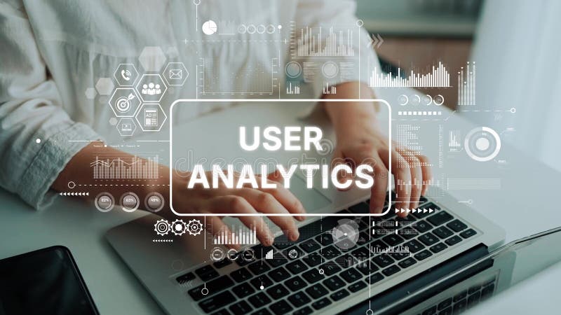 Hands Typing on Laptop with Overlay of User Analytics Data and Graphics ...