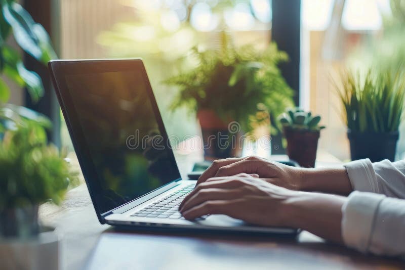 Hands Typing on a Laptop with Plants and Natural Light Stock Photo ...