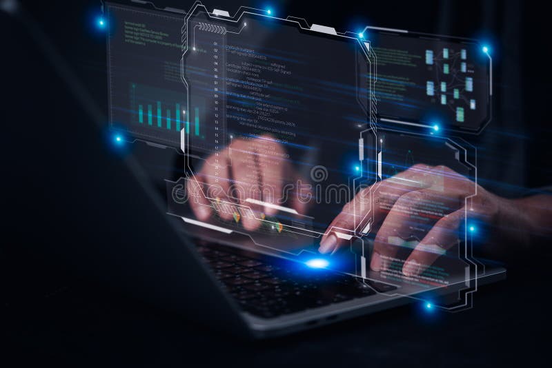 Hands Typing on Laptop with Programming Code on Screen, Software Development. Coding, it ...