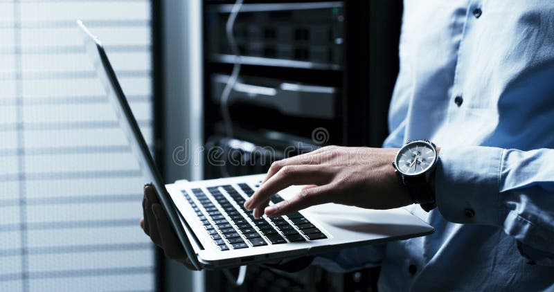 Hands, Typing and Laptop with Programming in Server Room, Coding or it ...