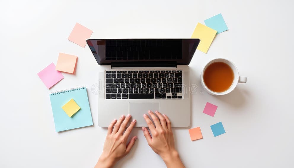 Hands Typing on Laptop with Sticky Notes and Tea Stock Image - Image of ...