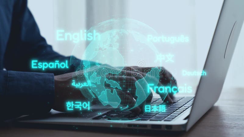 Hands Typing on Laptop Surrounded by Glowing Language Names with a ...