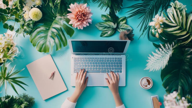 Hands Typing on a Laptop Surrounded by Greenery Stock Image - Image of ...