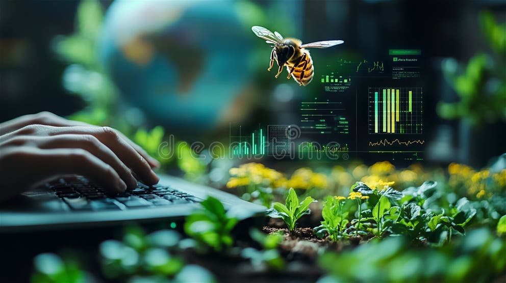 Hands Typing on a Laptop Surrounded by Plants with a Hovering Bee and ...