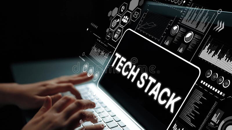 Hands Typing on Laptop with Tech Stack Visualisation in Modern Digital ...