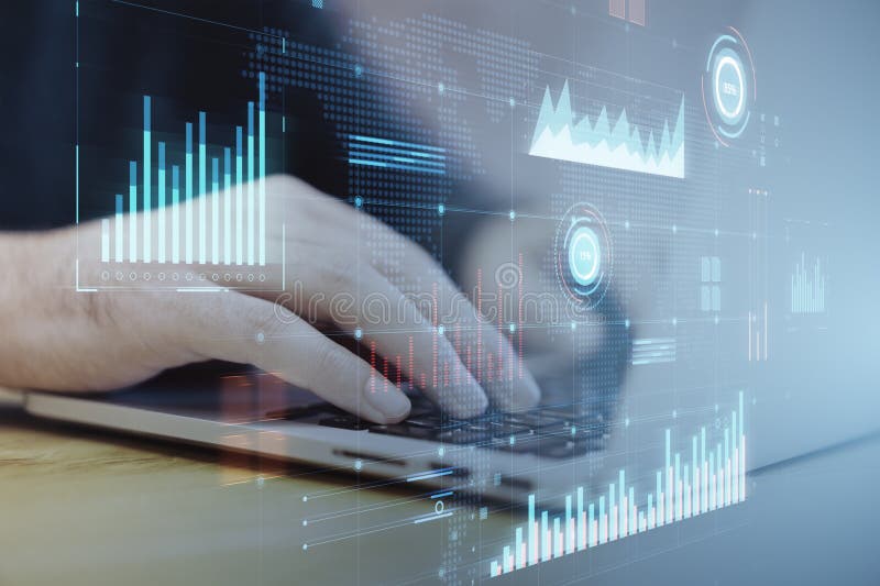 Hands Typing on Laptop with Virtual Financial Statistics on Screen ...