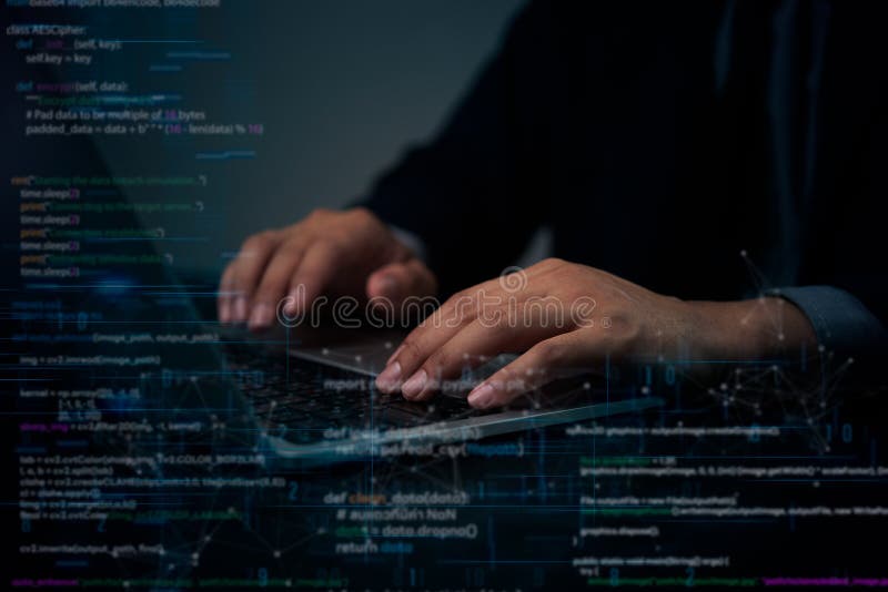 Hands Typing on a Laptop with Visible Coding and Encryption Data ...