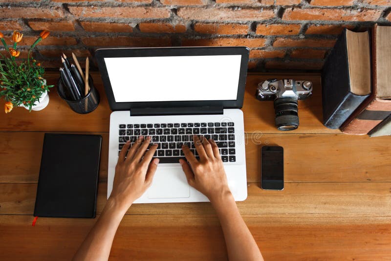 Hands Typing on Laptop with Wooden Table at Working Space Stock Photo ...