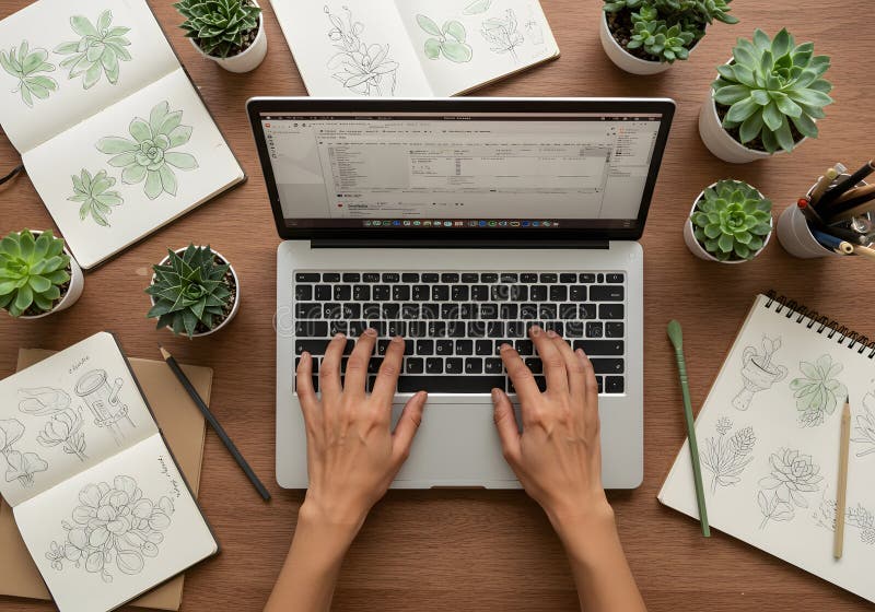 Hands Typing on Laptop Workspace with Plants and Drawings Stock ...