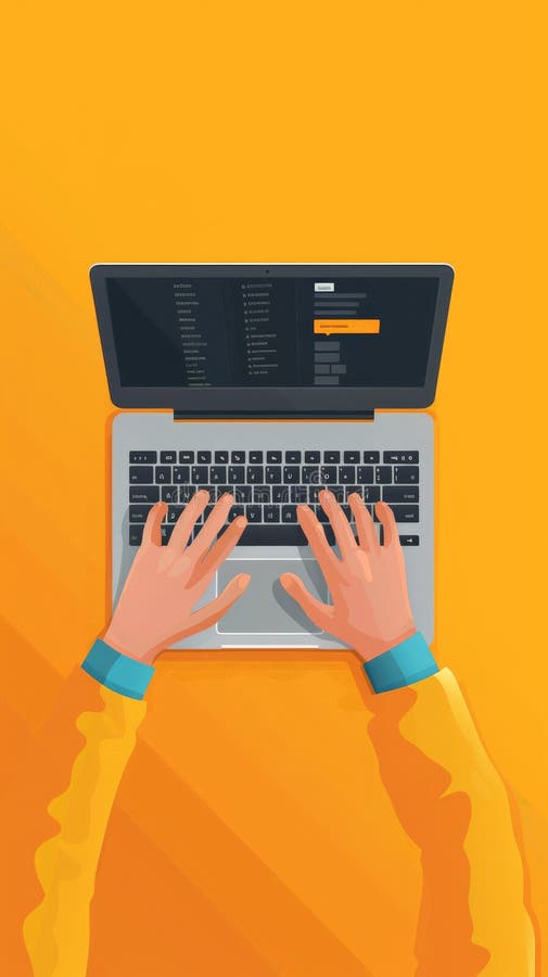 Hands Typing on a Laptop with a Yellow Background Viewed from Above ...