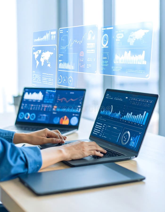 Hands Typing on Laptops Displaying Data Analytics and Holographic Business Intelligence ...
